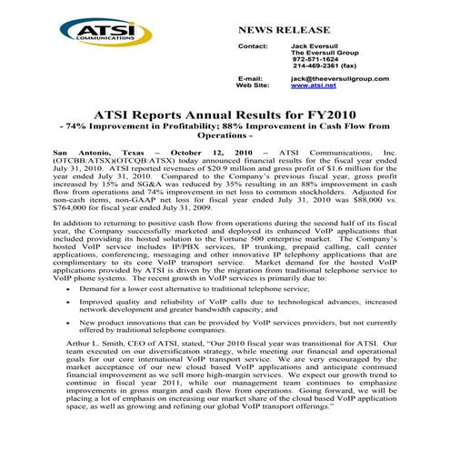 ATSI Reports Annual Results for FY2010 | PDF