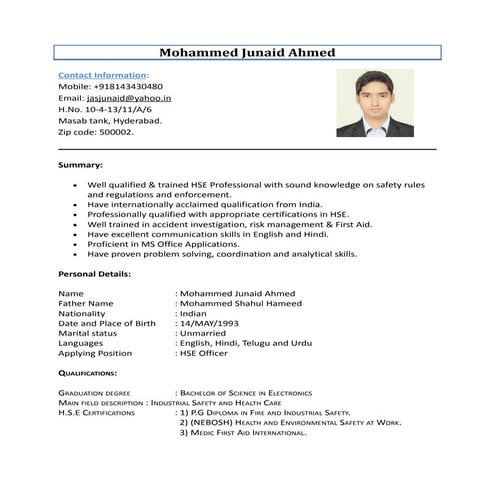 Mohammed Junaid Ahmed resume | PDF