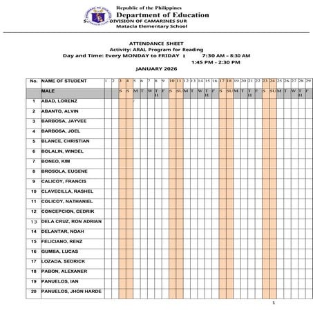 Attendance Sheet for ARAL Reading Program at Matacla Elementary School ...