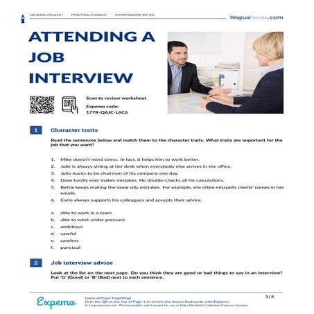 Attending a job Interview for B1 and B2 Englsih learners | PDF