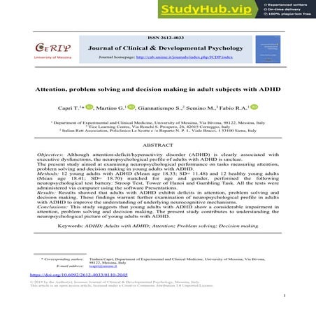 Attention, Problem Solving And Decision Making In Adult Subjects With ...