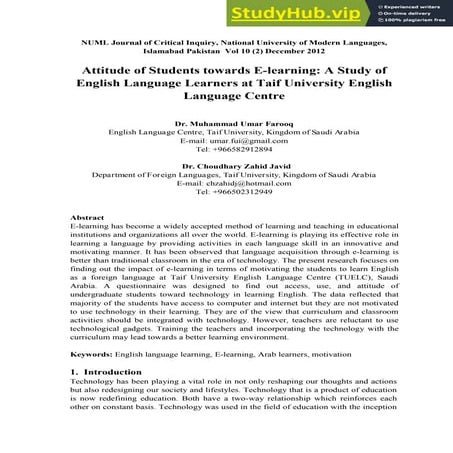 Attitude Of Students Towards E-Learning A Study Of English Language ...