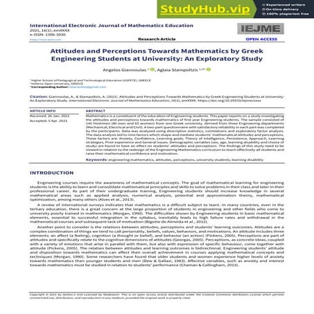 Attitudes And Perceptions Towards Mathematics By Greek Engineering Students At University An ...