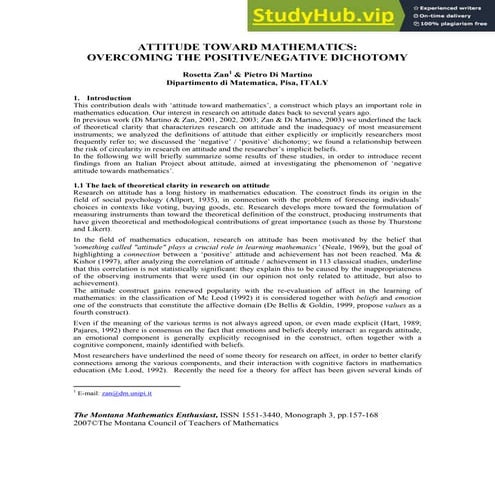 ATTITUDE TOWARD MATHEMATICS OVERCOMING THE POSITIVE NEGATIVE DICHOTOMY ...