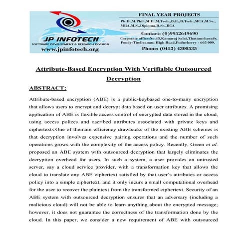 Attribute Based Encryption With Verifiable Outsourced Decryption Ppt