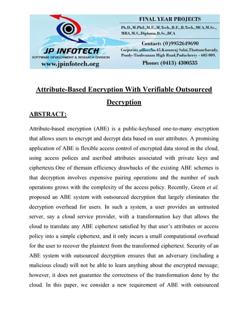 Attribute Based Encryption With Verifiable Outsourced Decryption Ppt
