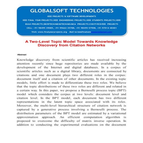 IEEE 2014 JAVA DATA MINING PROJECTS A two level topic model towards knowledge discovery from ...