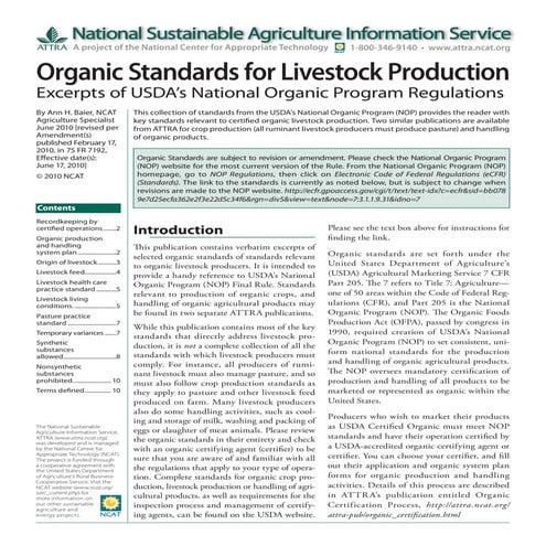Organic Standards for Livestock Production: Excerpts of USDA's National ...