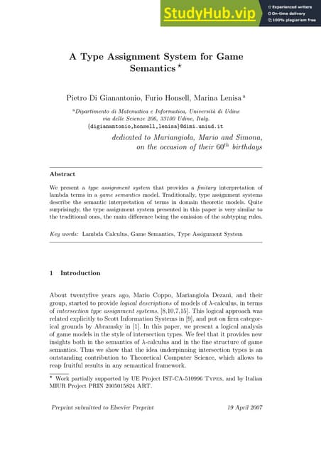 A Type Assignment System For Game Semantics Pdf