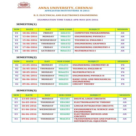 ANNA UNIVERSITY Examination Time Table-Apr/May/Jun-2016 (R-2013) | PDF