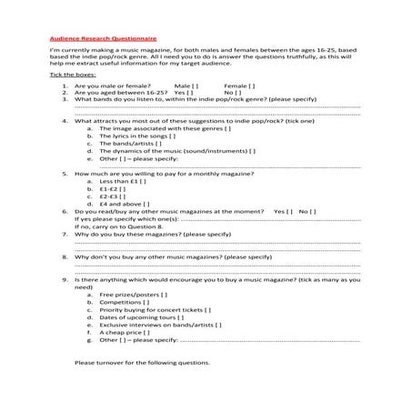 Audience Research Questionnaire (task 8 ) | DOCX | Rock Music | Music