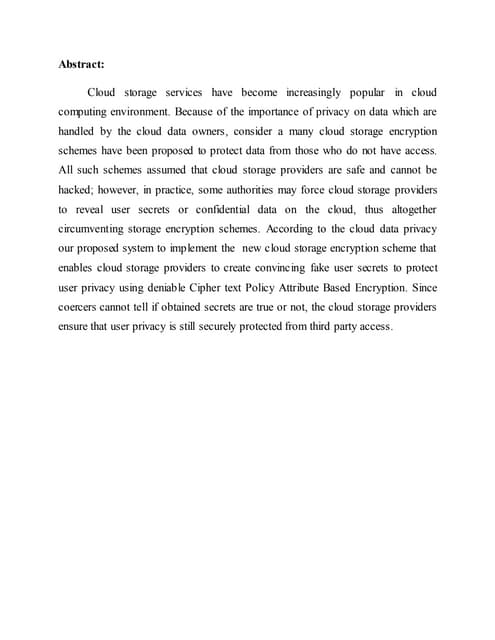 Audit Free Cloud Storage Via Deniable Attribute Based Encryption Docx