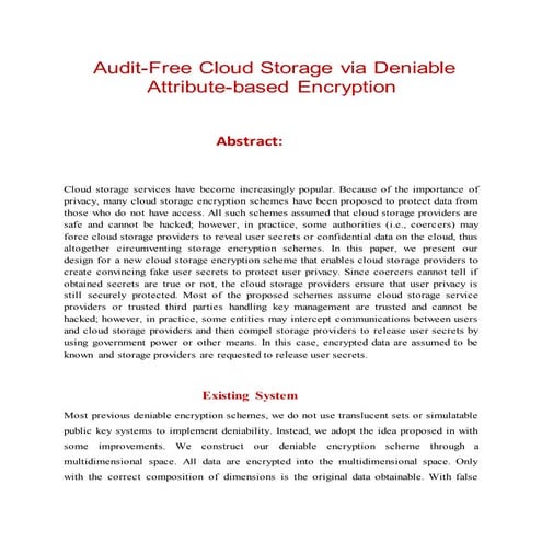 Audit Free Cloud Storage Via Deniable Attribute Based Encryption Docx
