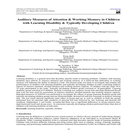 Auditory measures of attention & working memory in children with ...