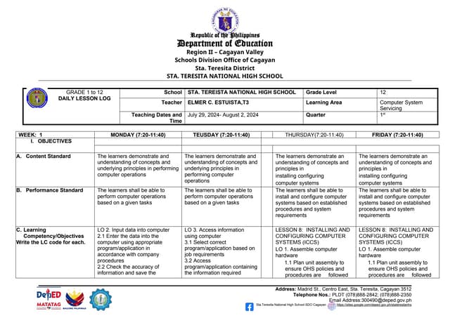 Computer System Servicing Lesson Plan for First Quarter | DOCX