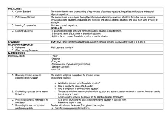 Lesson plan in mathematics 9 (illustrations of quadratic equations ...