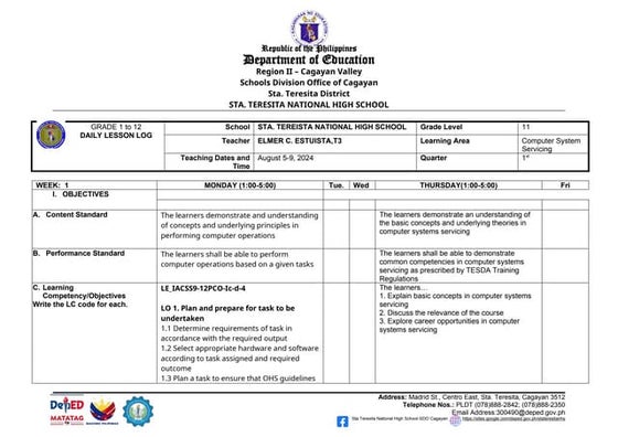 Daily Lesson Log Of Computer System Servicing Ppt