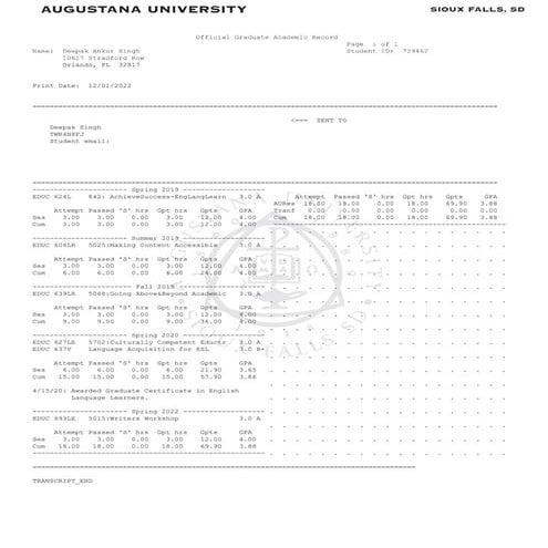 Augustana University Transcript of Deepak (Danny) Singh December 1 ...