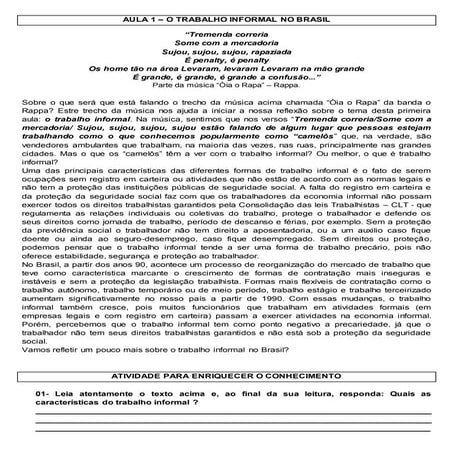 Aula 1 O trabalho informal no Brasil - 2º Sociologia | DOCX