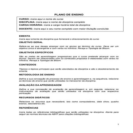 Aula 8. modelo plano ensino de disciplina | PDF