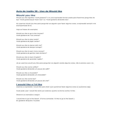 Aula de inglês 39 uso de would like | PDF
