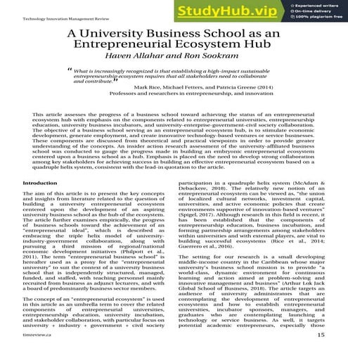 A University Business School As An Entrepreneurial Ecosystem Hub | PDF