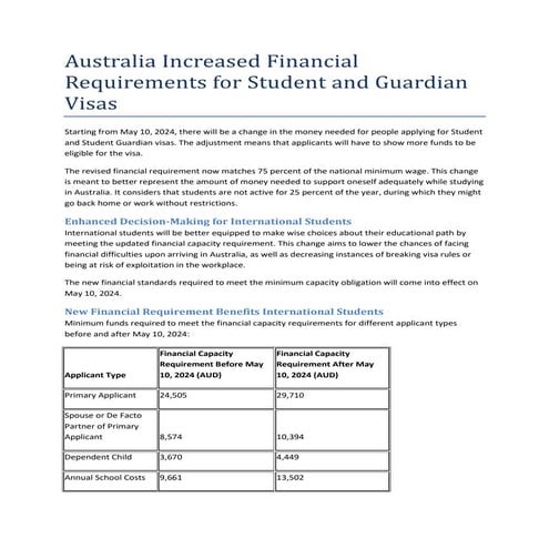 Australia Increased Financial Requirements for Student and Guardian ...