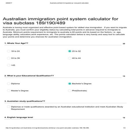 Australia pr visa point calculator, Subclass 189/190 and 489 calculator ...
