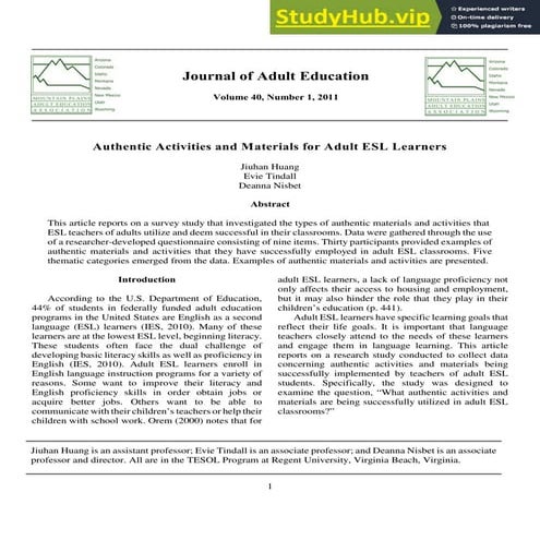 Authentic Activities And Materials For Adult ESL Learners | PDF