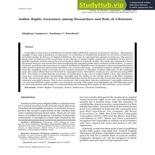 Author Rights Awareness Among Researchers And Role Of Librarians | PDF