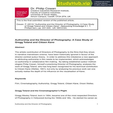 Authorship And The Director Of Photography A Case Study Of Gregg Toland ...