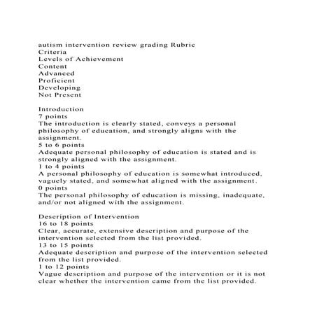 autism intervention review grading RubricCriteriaLevels of Ach.docx
