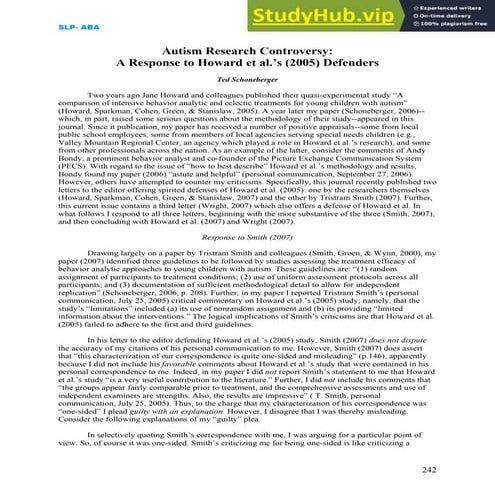 Autism Research Controversy A Response To Howard Et Al. S (2005 ...