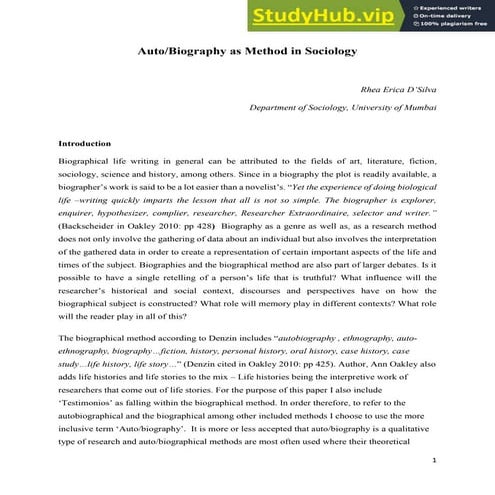 Auto Biography As Method In Sociology | PDF