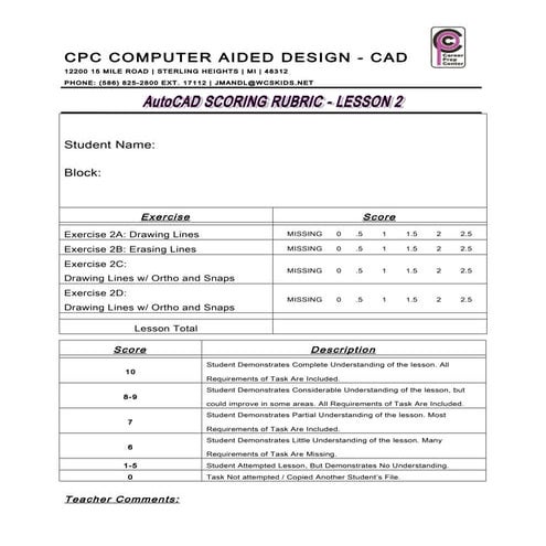 Autocad lesson grade sheet lesson 2 | DOC