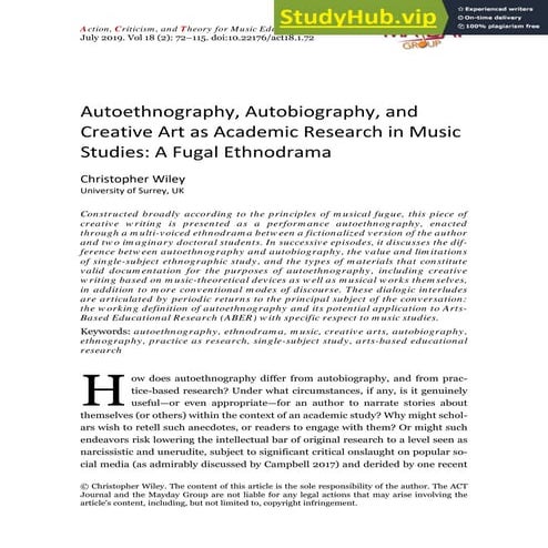 Autoethnography, Autobiography, and Creative Art as Academic Research in Music Studies A Fugal ...