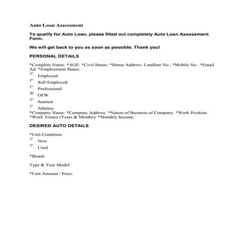Auto loan assessment | DOCX