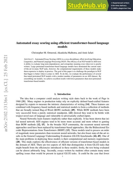 Automated Essay Scoring Using Efficient Transformer Based Language