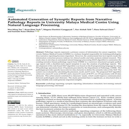 Automated Generation Of Synoptic Reports From Narrative Pathology Reports In University Malaya ...