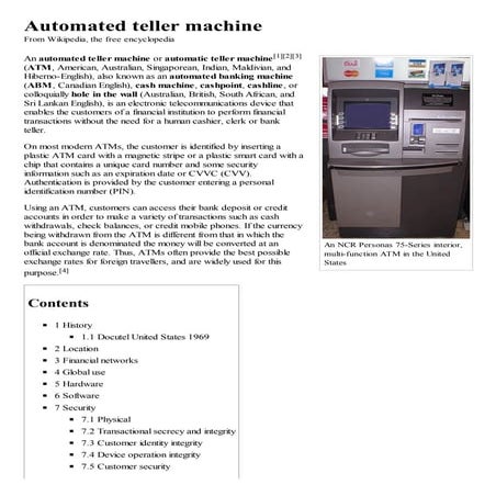 Automated teller machine wikipedia, the free encyclopedia | PDF