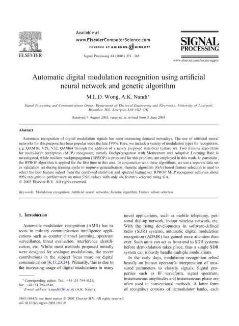 Automatic Digital Modulation Recognition Using Articial Pdf