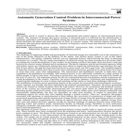 Automatic Generation Control Problem In Interconnected Power Systems Pdf