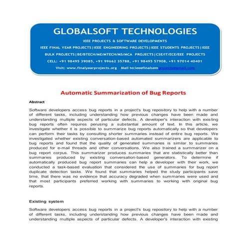 Ieee 2014 Dotnet Software Engineer Projects Automatic Summarization Of Bug Reports Pdf