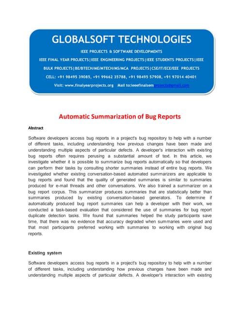 Ieee 2014 Dotnet Software Engineer Projects Automatic Summarization Of Bug Reports Pdf