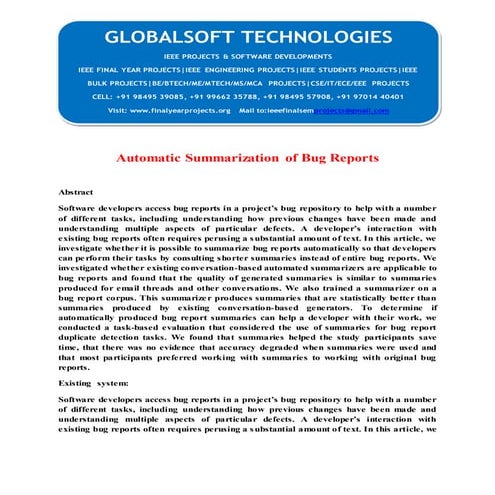 2014 Ieee Java Software Engineering Project Automatic Summarization Of Bug Reports Pdf