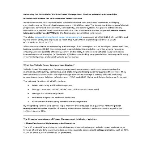 Unlocking the Potential of Vehicle Power Management Devices in Modern Automobiles | PDF