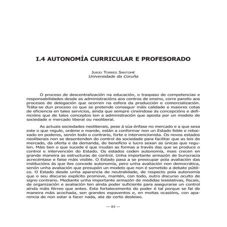 Autonomia curricular e profesorado. Jurjo Torres Santomé (1999) | PDF