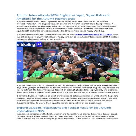 Autumn Internationals 2024 Tickets: England vs Japan, Squad Roles and Ambitions for the Autumn ...
