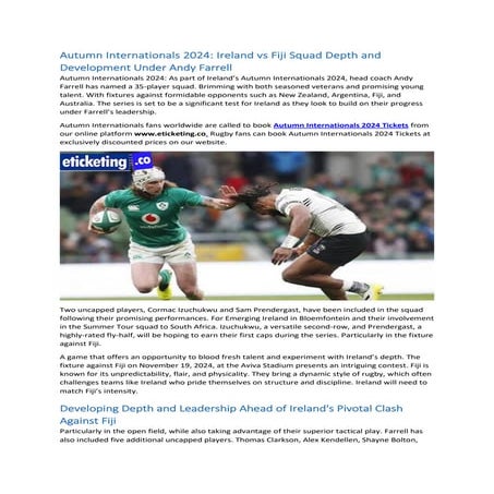 Autumn Internationals 2024 Tickets: Ireland vs Fiji Squad Depth and Development Under Andy ...