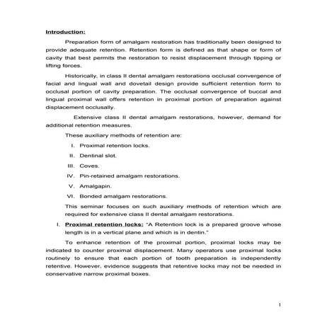 Auxillary methods of retention in class ii dental amalgam restorations ...
